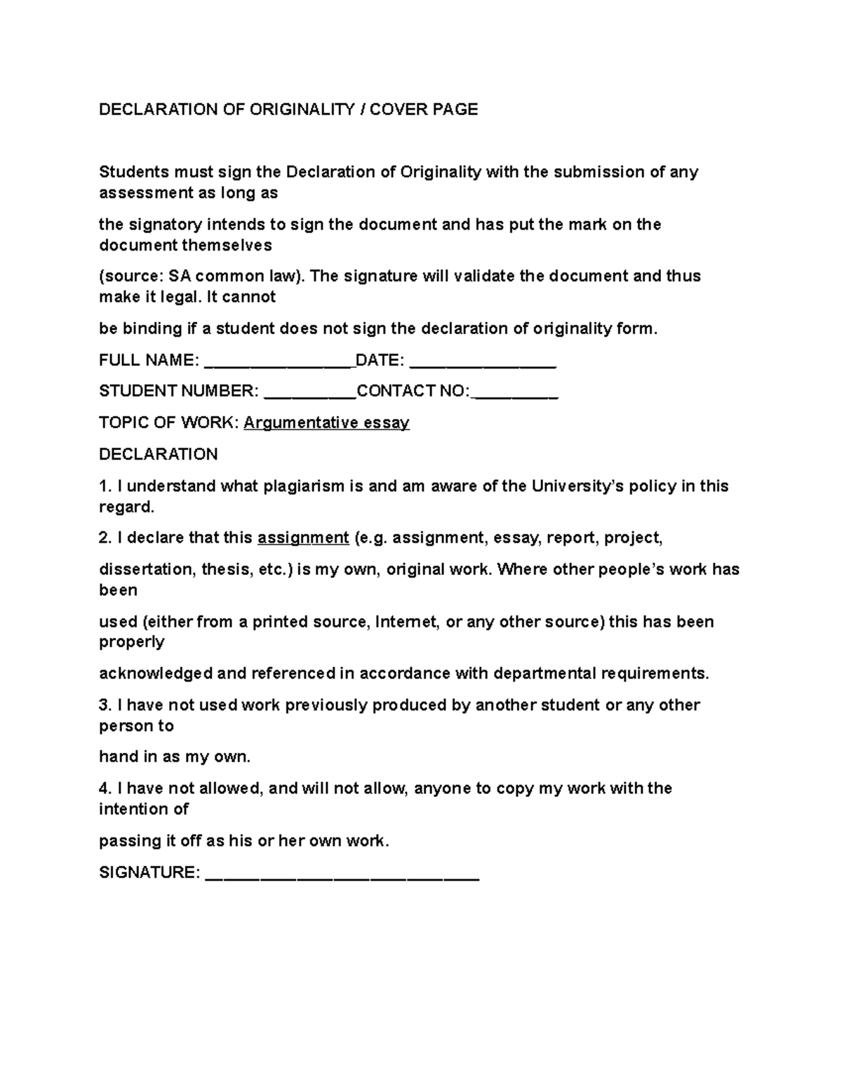 Argumentative Essay 12 - DECLARATION OF ORIGINALITY / COVER PAGE ...