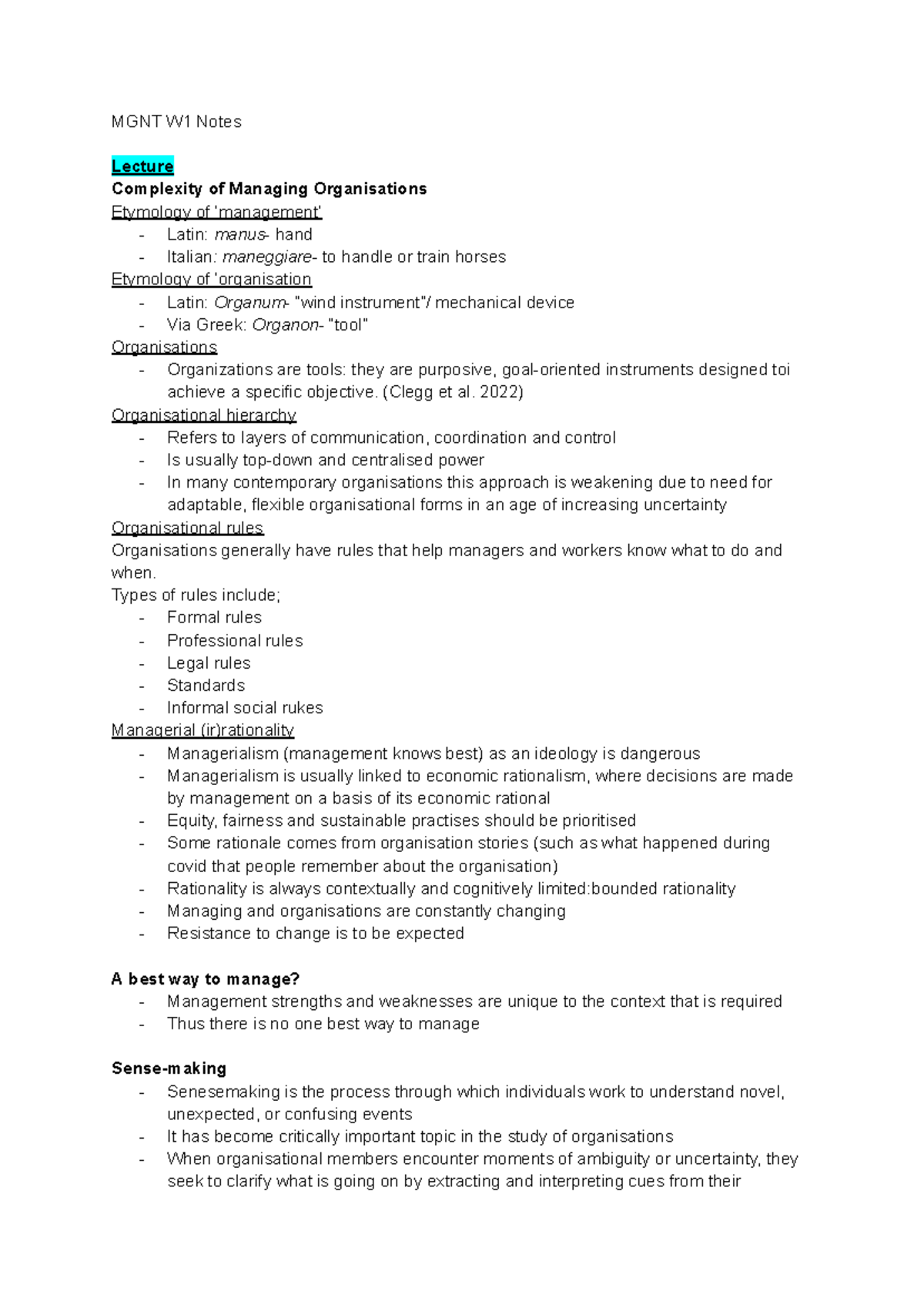 MGNT W1 Notes - MGNT W1 Notes Lecture Complexity of Managing ...