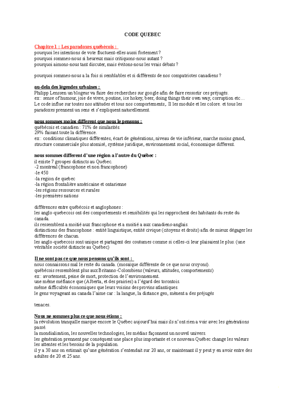 Resume code quebec - CODE QUEBEC Chapitre 1 : Les paradoxes québécois ...