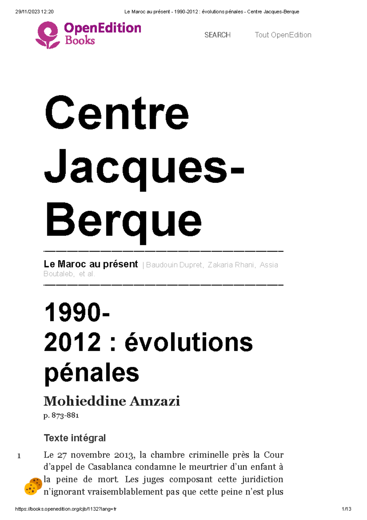 Le Maroc au présent - 1990-2012 évolutions pénales - Centre Jacques-Berque - 1 Centre Jacques ...