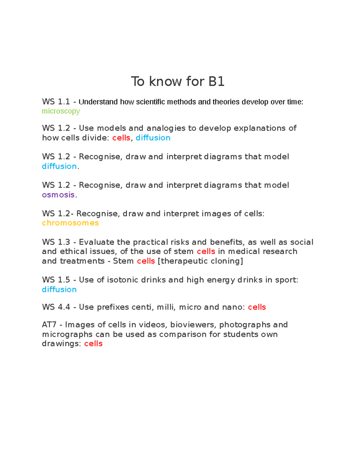 B1 Need to Know - B1 CELL BIOLOGY NEED TO KNOW - To know for B WS 1 ...