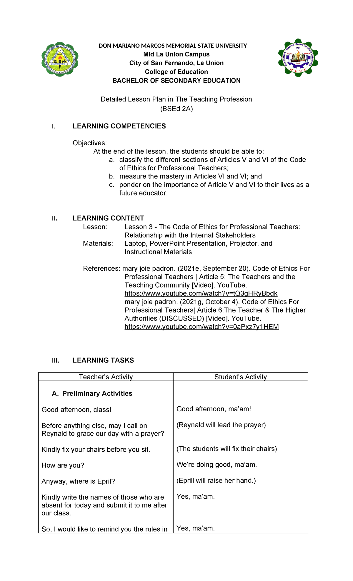 EDUC103 L3P2 LP - LP The Teaching Profession - DON MARIANO MARCOS ...