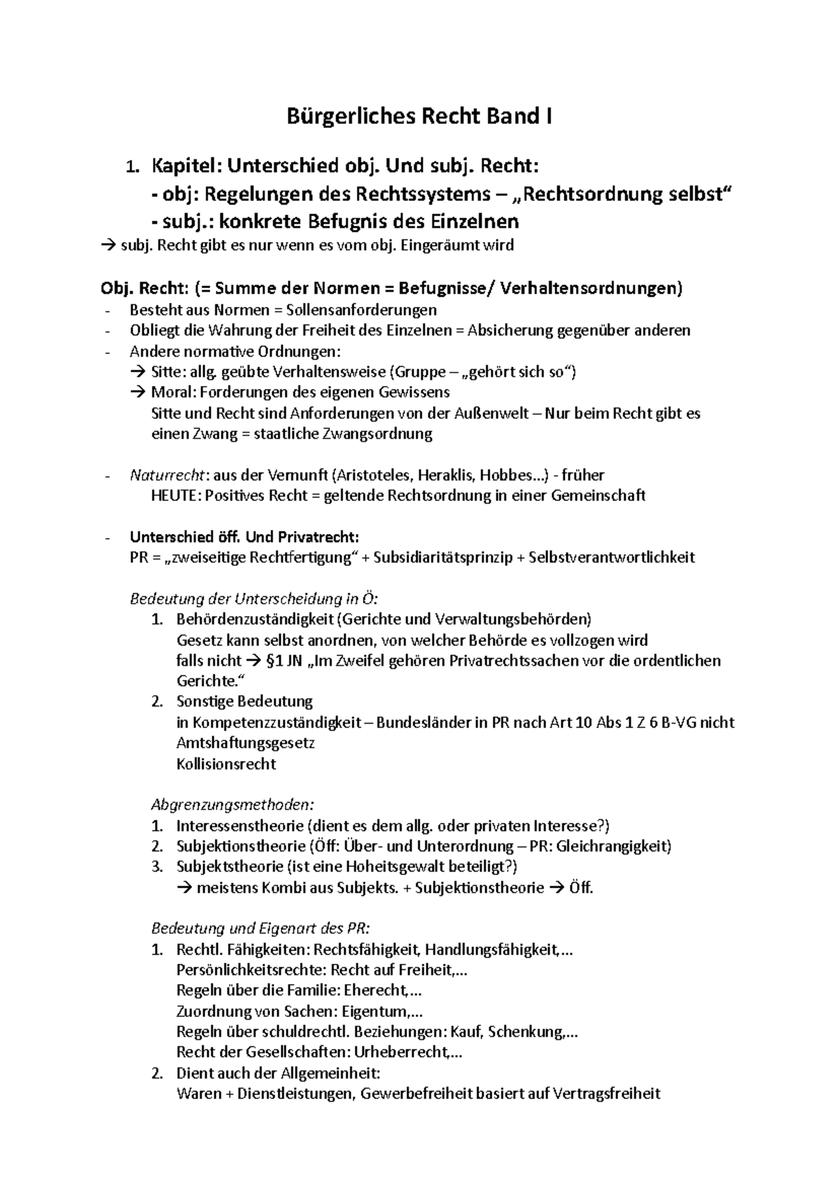 Bürgerliches Recht Band I - Kapitel: Unterschied obj. Und subj. Recht ...
