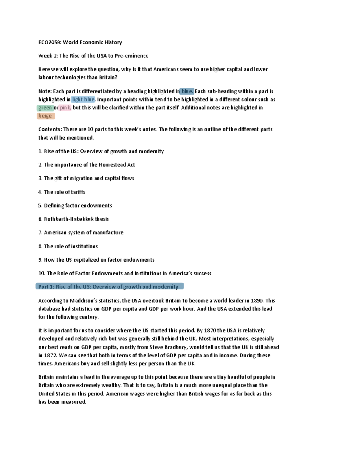 Lecture 2 Notes: The Rise of the United States - ECO2059: World ...