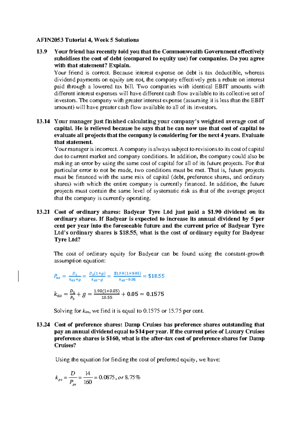 AFIN2053 Week 5 Topic 4 Solutions - AFIN2053 Tutorial 4, Week 5 Solutions 13 Your friend has ...