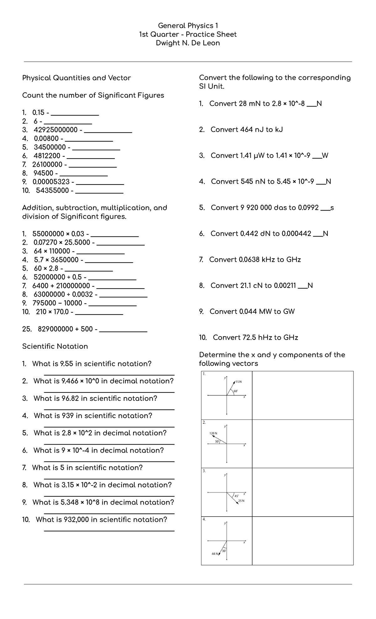 1st Quarter General Physics - Practice Worksheet - 1st Quarter ...