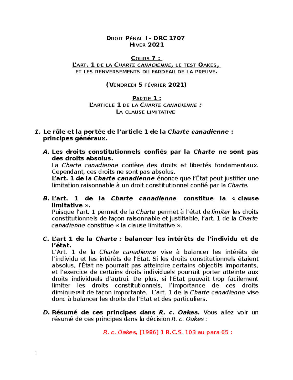 7 - L'art 1 de la Charte et le test Oakes - DROIT PÉNAL I - DRC 1707 ...
