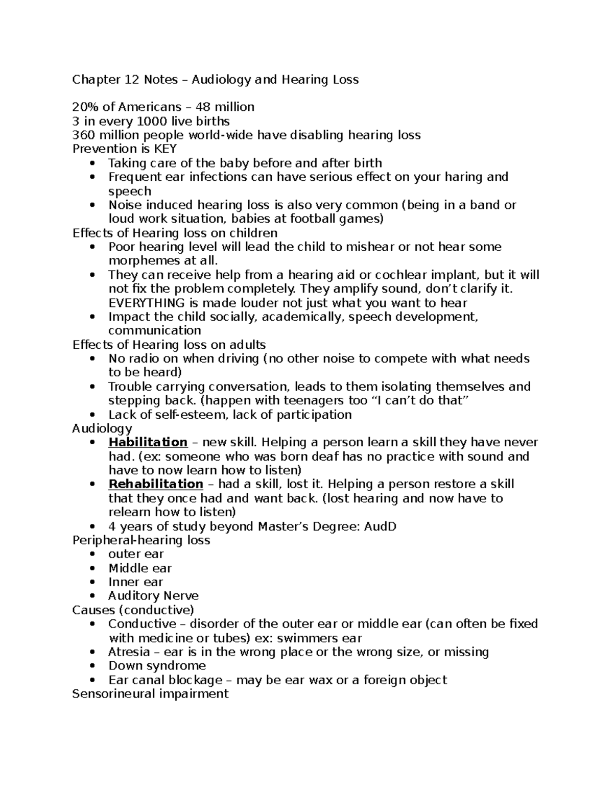 Ch. 12 Notes - Chapter 12 Notes – Audiology and Hearing Loss 20% of ...