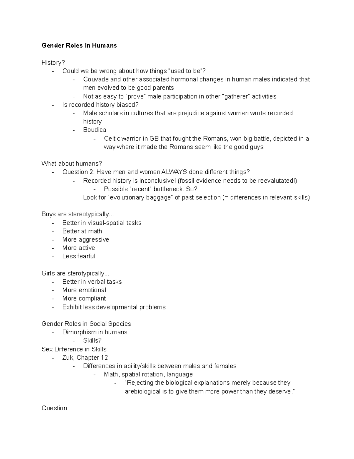 Lecture 12 Notes - Gender Roles in Humans History? - Could we be wrong ...