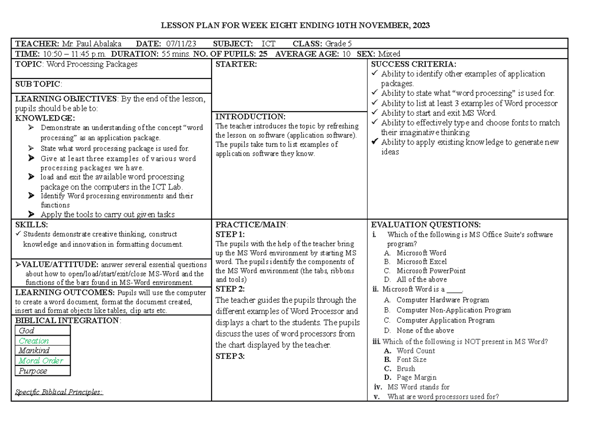 Word Processing G5 - LESSON PLAN FOR WEEK EIGHT ENDING 10TH NOVEMBER ...