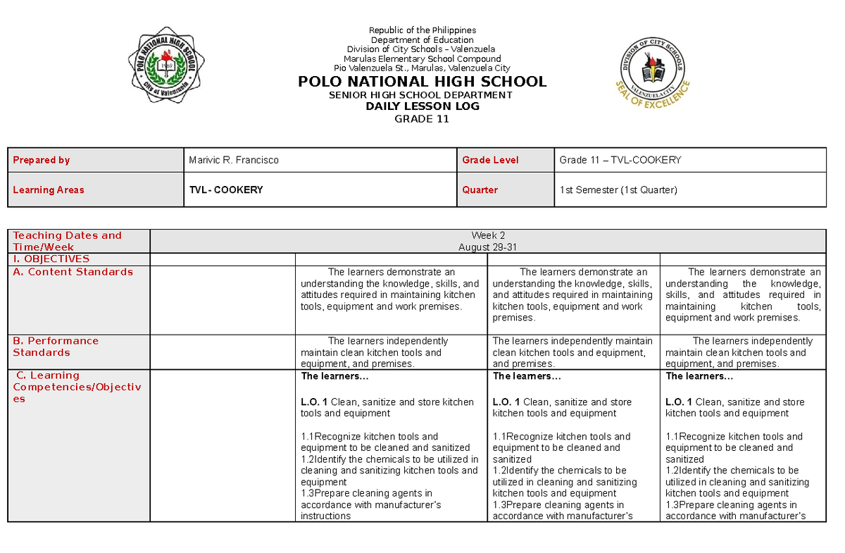 DLL- Cookery 11 WEEK 2 - tvl - Republic of the Philippines Department ...