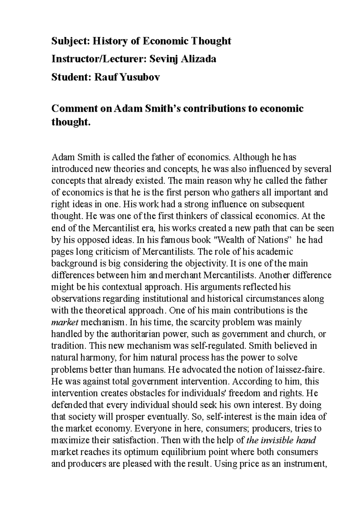 Comment on Adam Smith’s contributions to economic thought - Adam Smith ...