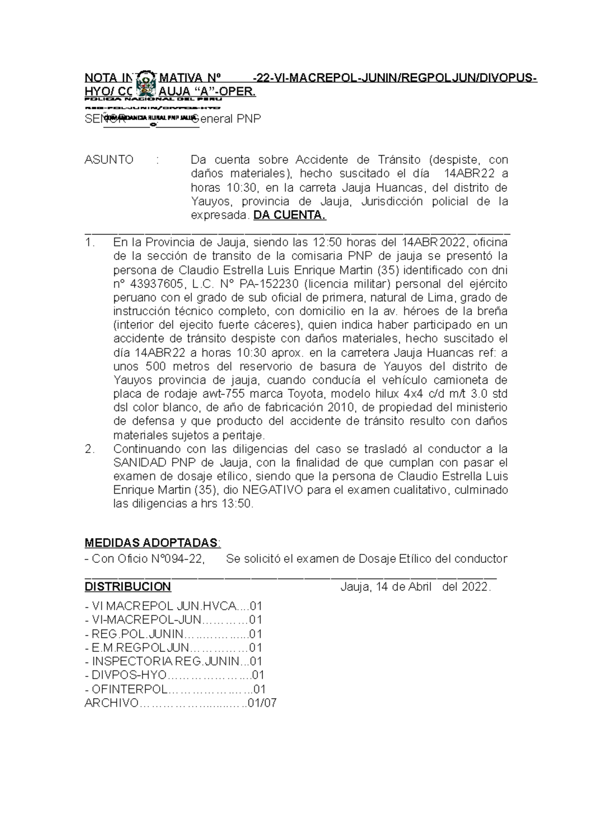 NOTA Informativa ACCIDENTE DE TRANSITO - NOTA INFORMATIVA Nº -22-VI ...