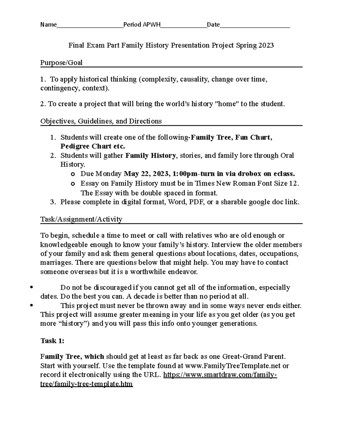 Final Exam Family History Guide Project 2023 Spring - Name ...