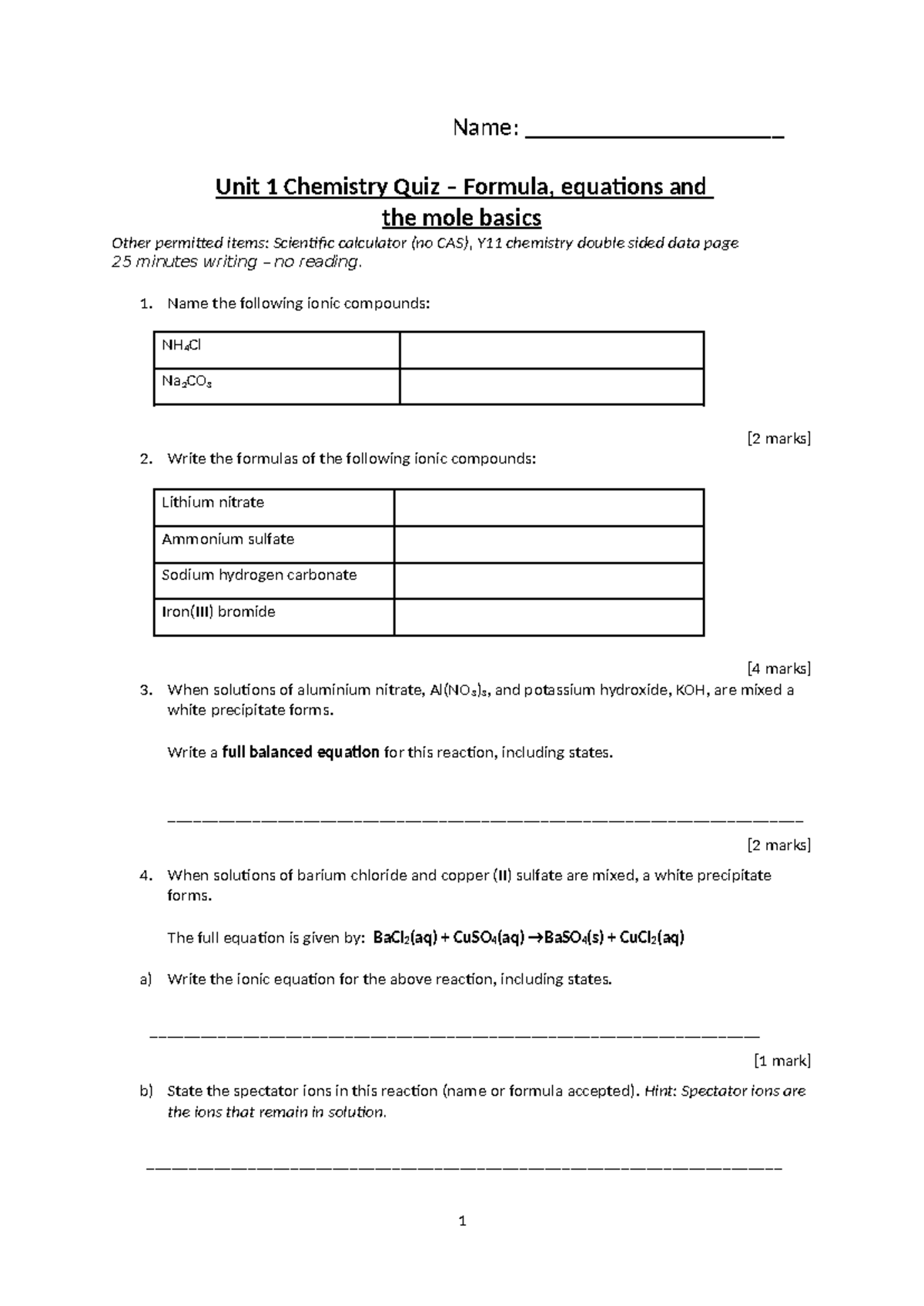 Quiz 3 - Mole and Equations - Name: _____________________ Unit 1 ...