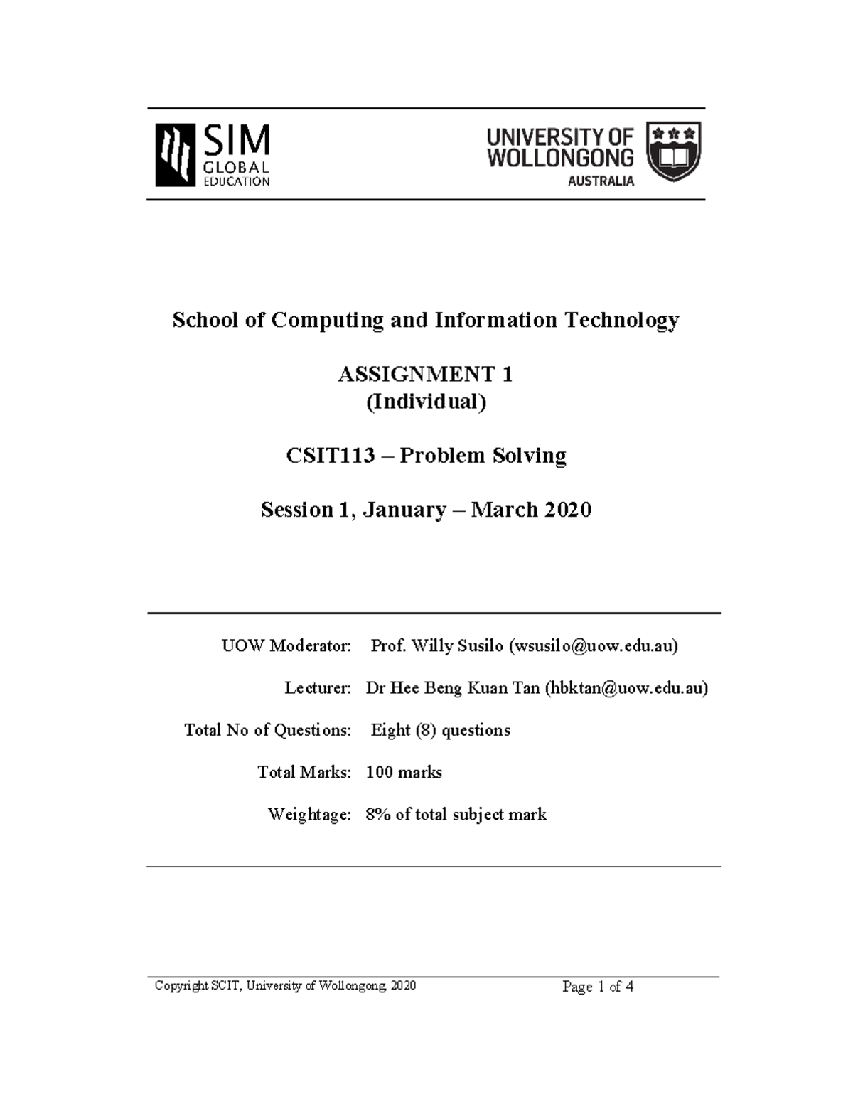 CSIT113-2020S1-A1 Question Reference - CSIT113 - UOW - Studocu
