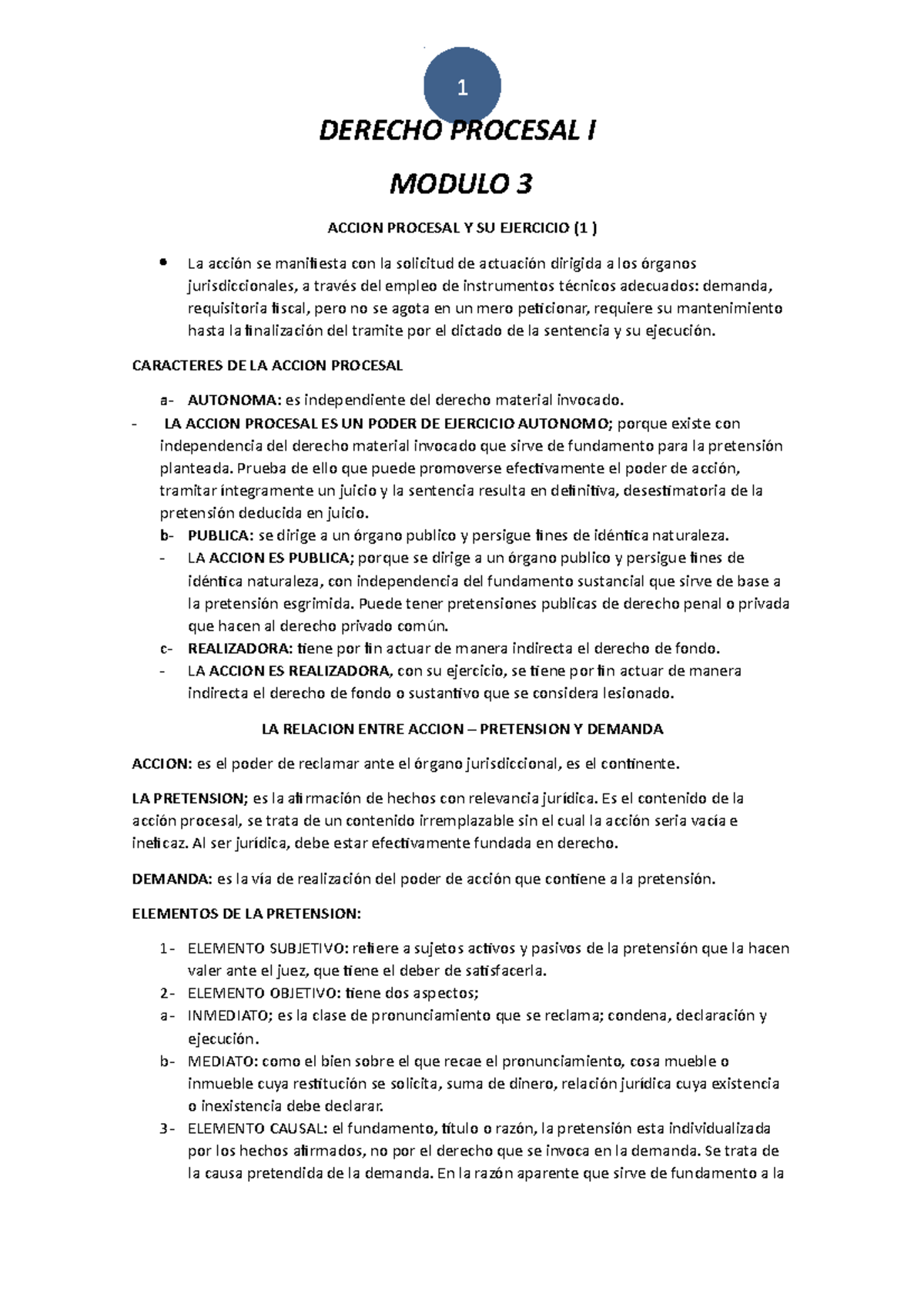 Derecho Procesal I - resumenn - DERECHO PROCESAL I MODULO 3 ACCION ...