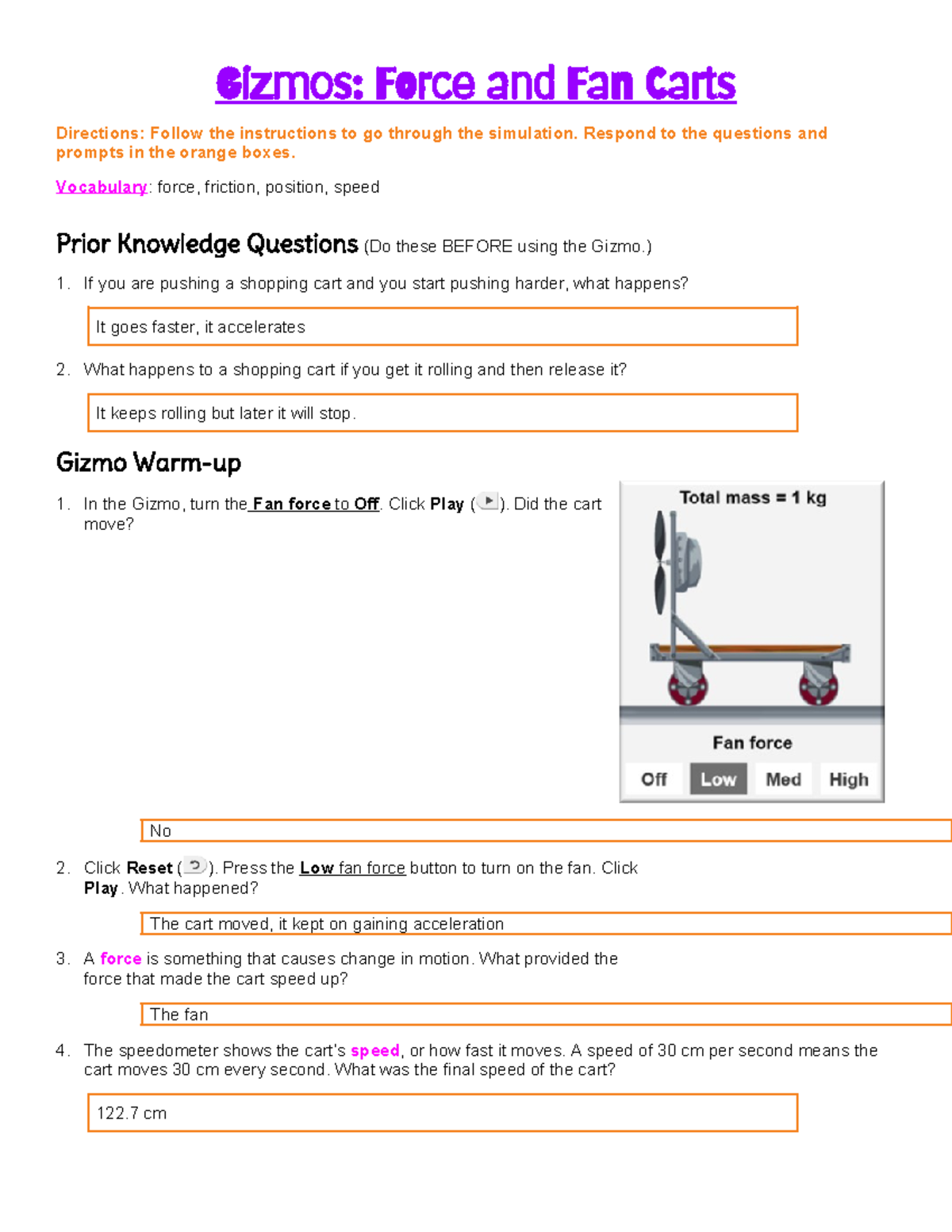Gizmos Force Fan Carts - Gizmos: Force and Fan Carts Directions: Follow the instructions to go ...