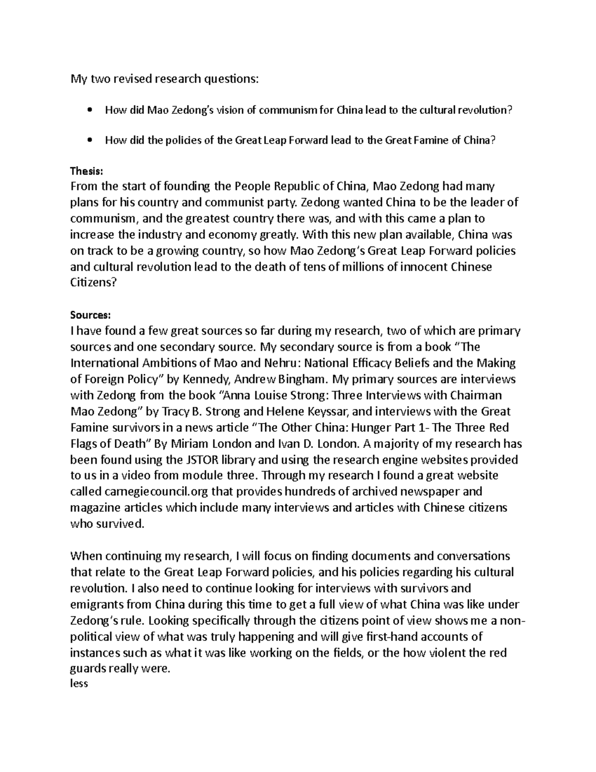 Week Eleven Discussion - My two revised research questions: How did Mao ...