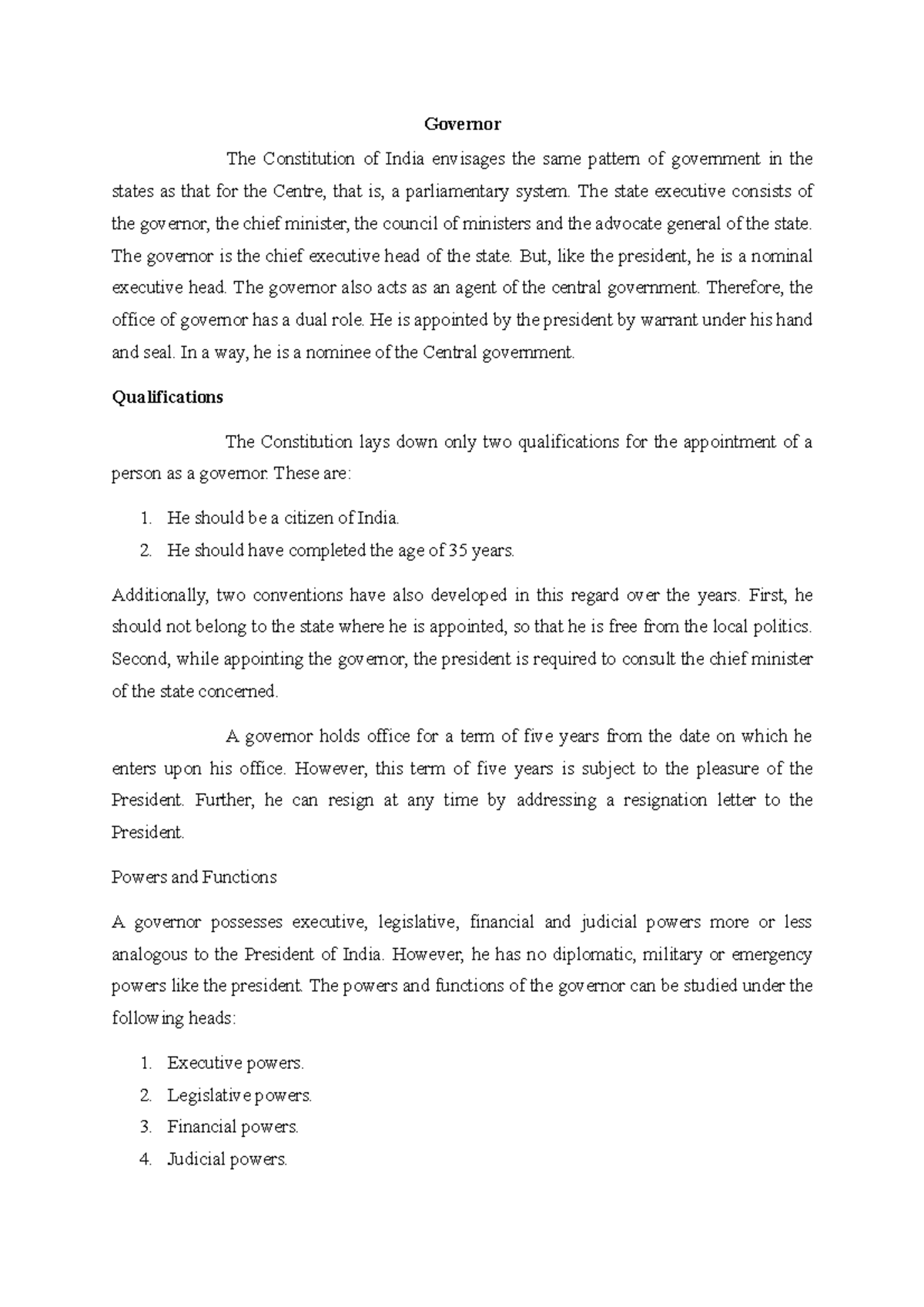 Governor -indian polity - Governor The Constitution of India envisages ...