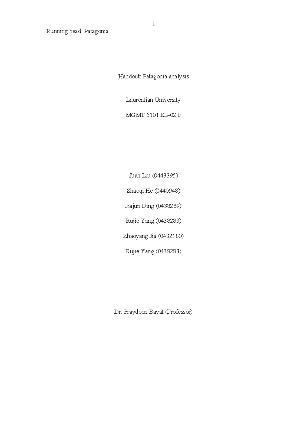 Handout Group 7(b)-case study - 1 Running head: Patagonia Handout ...