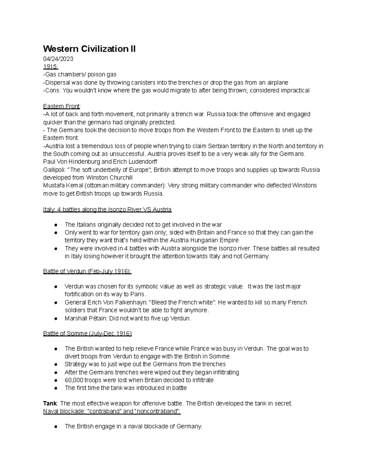 Western Civilization II notes: WW1 - Western Civilization II 04/24 ...