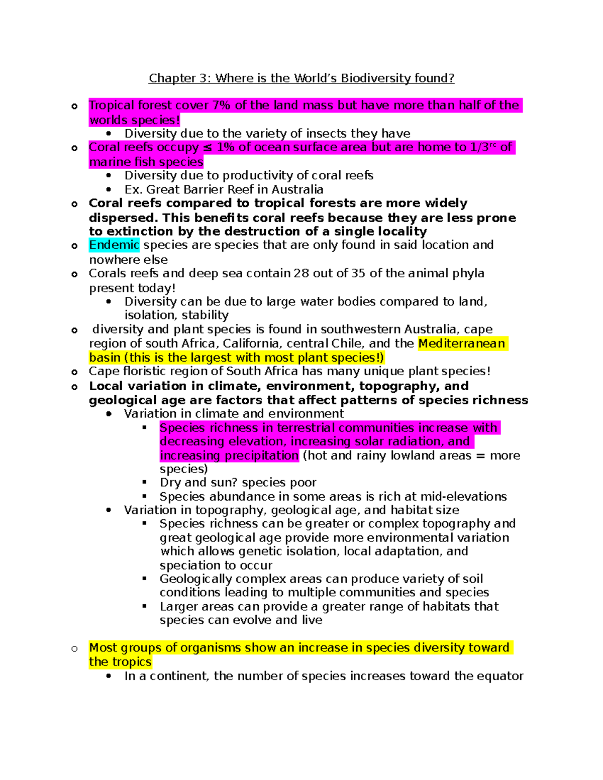 Notes from chapter3 - Chapter 3: Where is the World’s Biodiversity ...