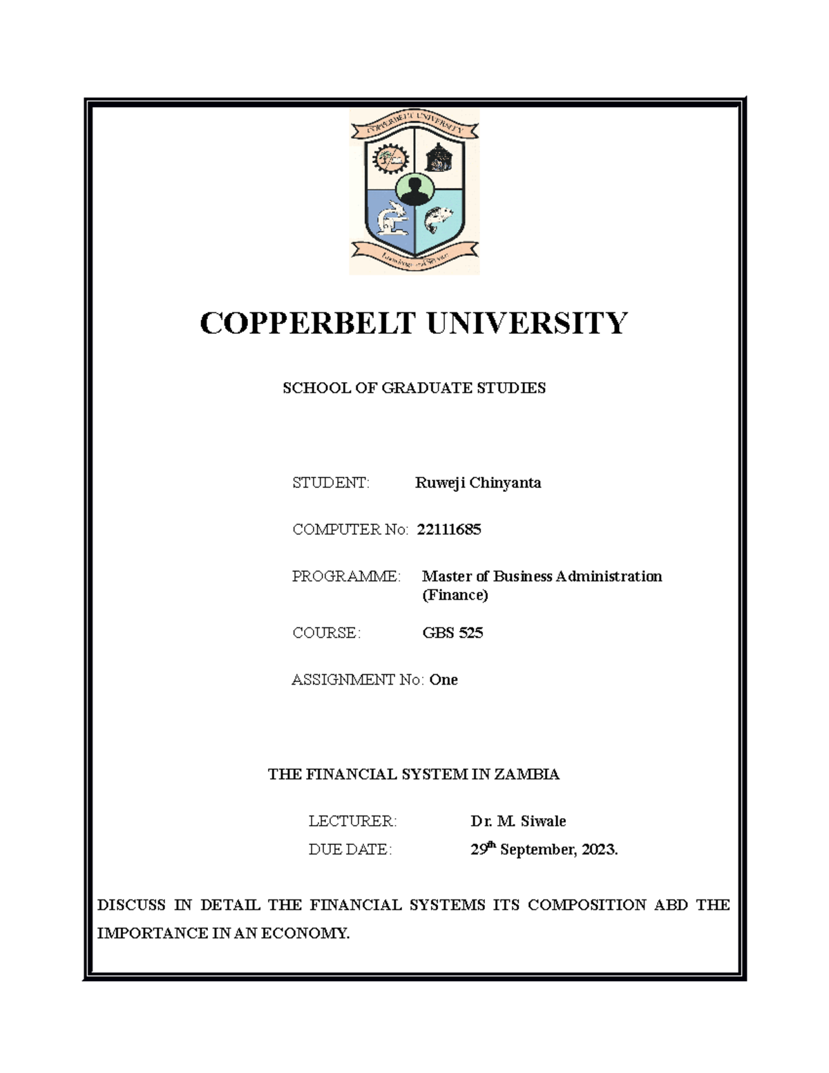 GBS 525 Assignment Financial Institution, Money & Markets - COPPERBELT ...