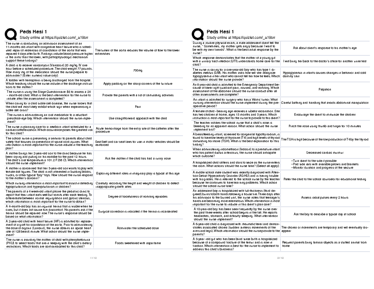 Peds Hesi 1 - PEDS RN HESI 1 Test Material - Study online at quizlet ...