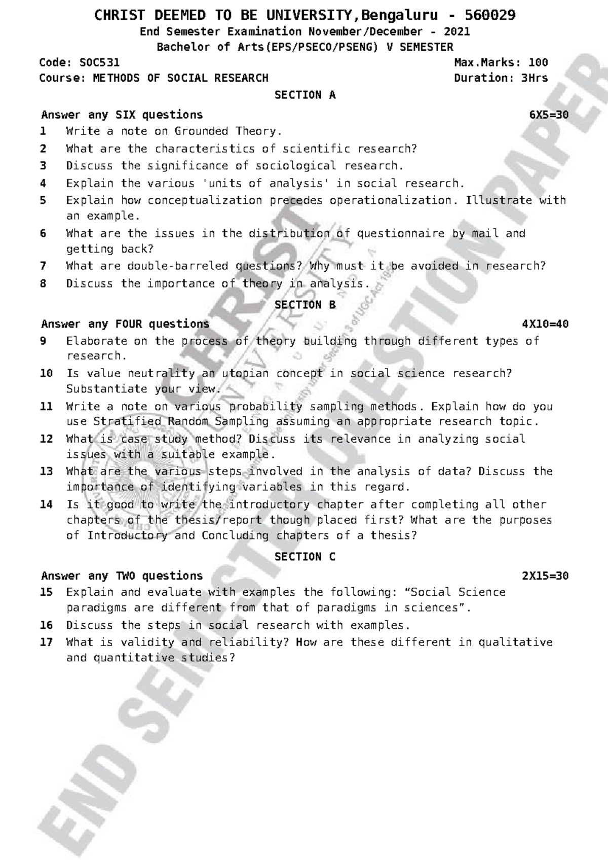 2021 - PAST PAPER - CHRIST DEEMED TO BE UNIVERSITY,Bengaluru - 560029 ...