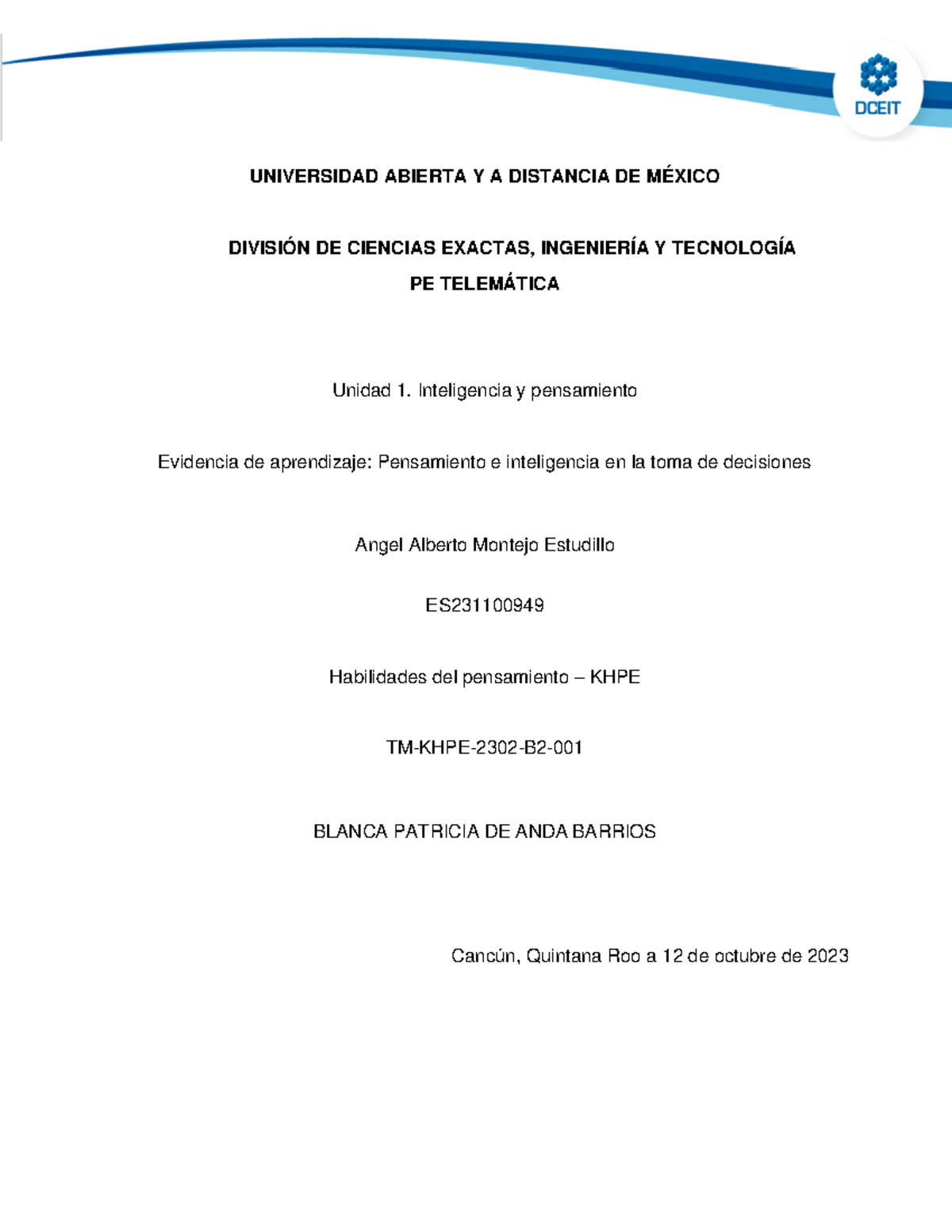 KHPE U1 EA ANME - UNIDAD 1 - EVIDENCIA DE APRENDIZAJE - UNIVERSIDAD ...