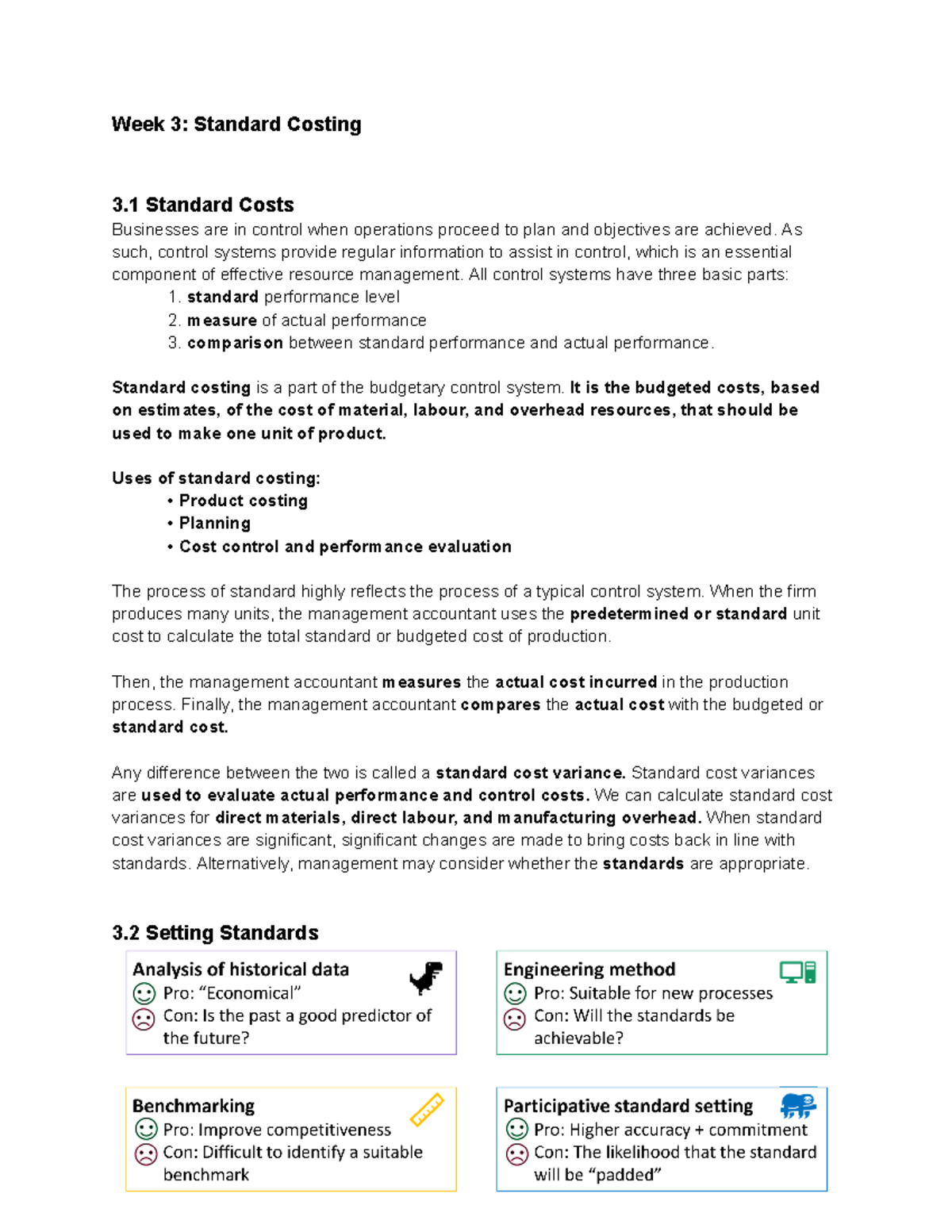 ACCT2522 Week 3 Notes - Week 3: Standard Costing 3 Standard Costs ...