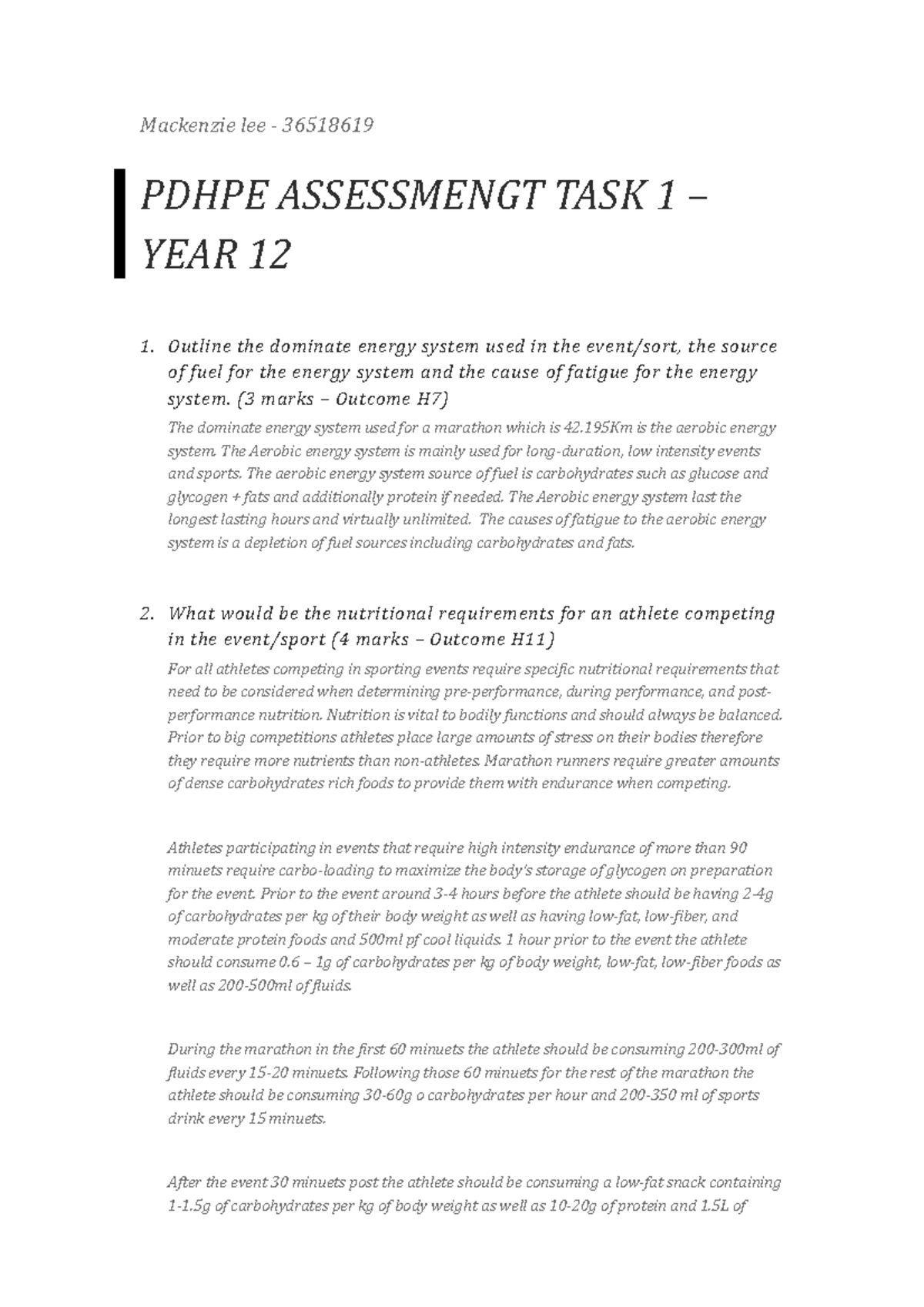 Pdhpe Assessmengt TASK 1 – YEAR 12 - Mackenzie lee - 36518619 PDHPE ...