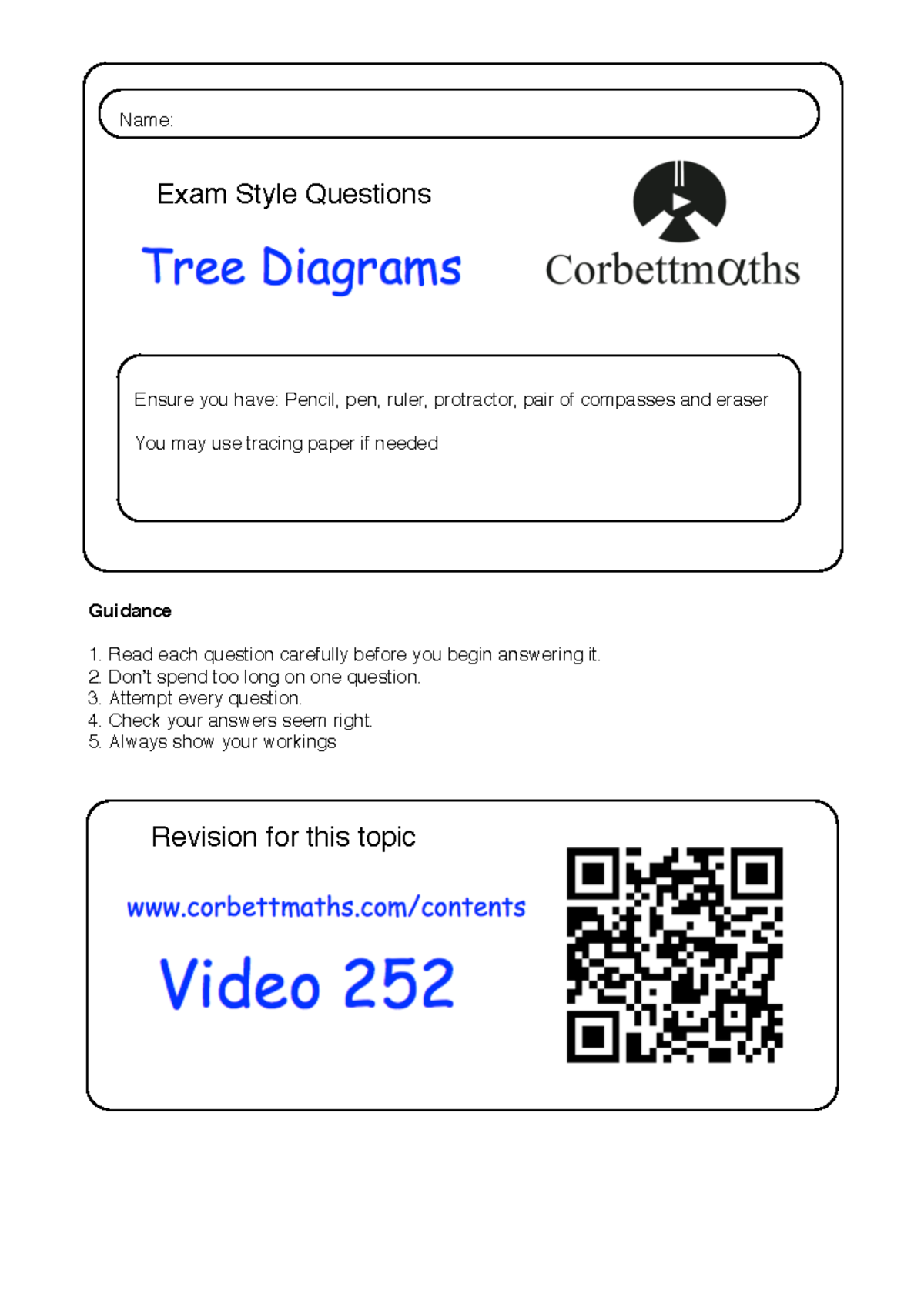 Probability tree diagrams worksheet 2 - Name: Exam Style Questions ...