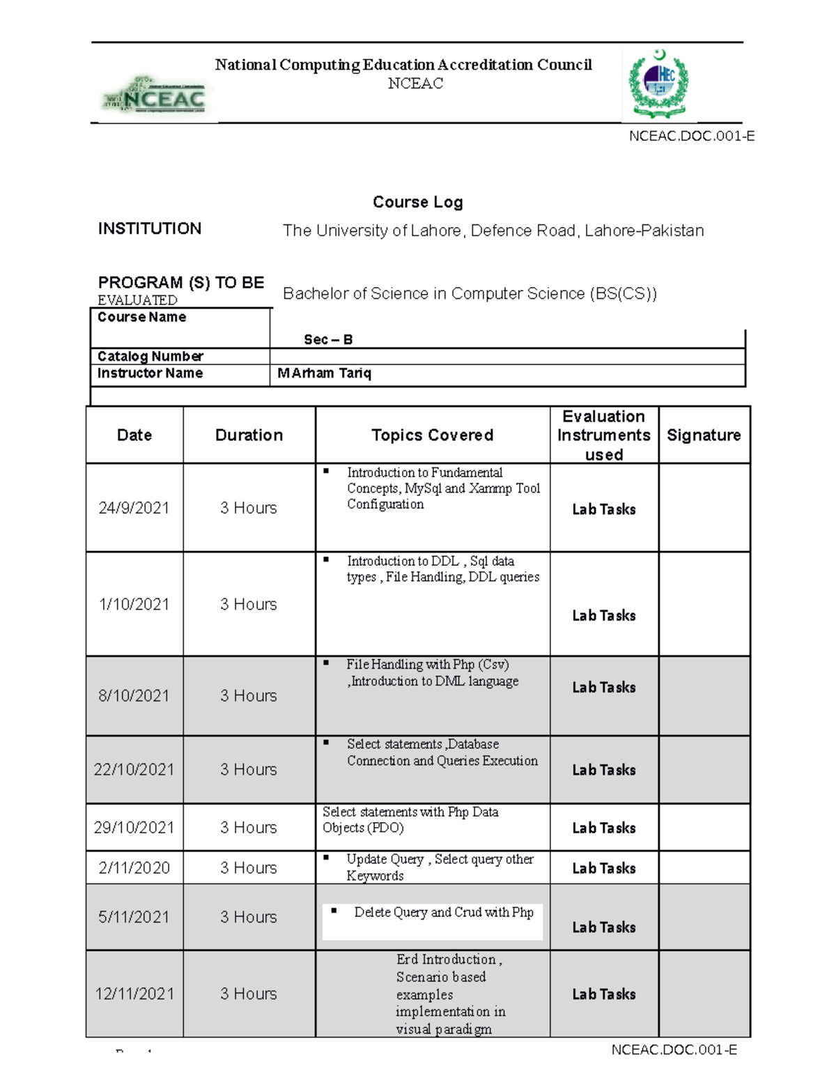 2 log DB D lab f2022 - this is course outline for db lab - Course Log ...