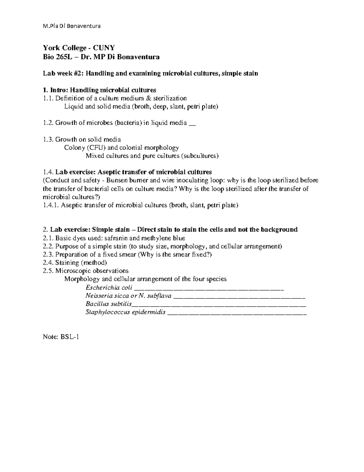Bio 265 Lab W#2 Handling cultures & Simple stain - M Di Bonaventura ...