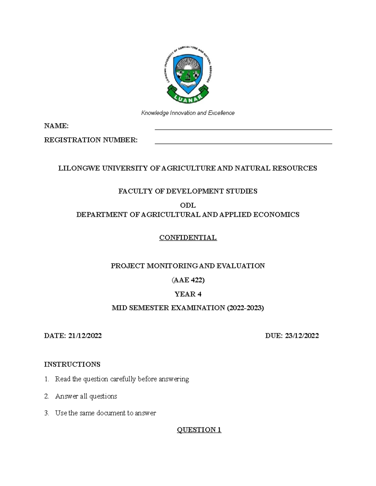 ODL 2022 AAE422 MID Semester Examinations - Knowledge Innovation and ...