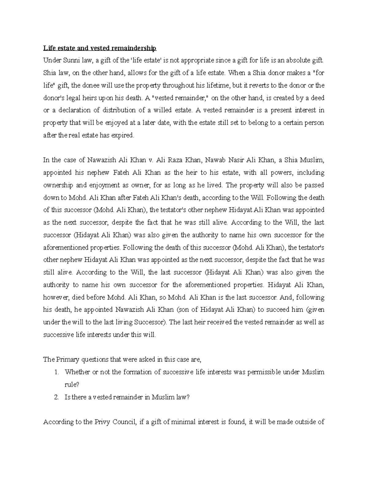 Life estate and vested remaindership - Family Law - I - Christ ...