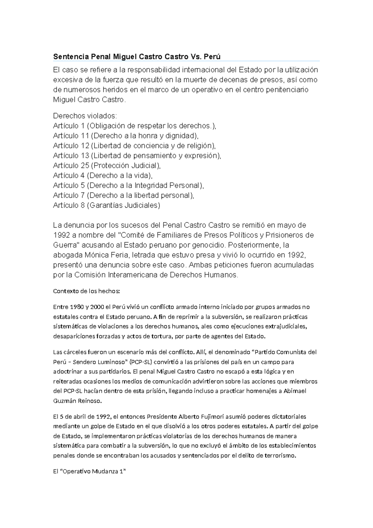 Sentencia Penal Miguel Castro Castro Vs Perù - Perú El caso se refiere a la responsabilidad ...