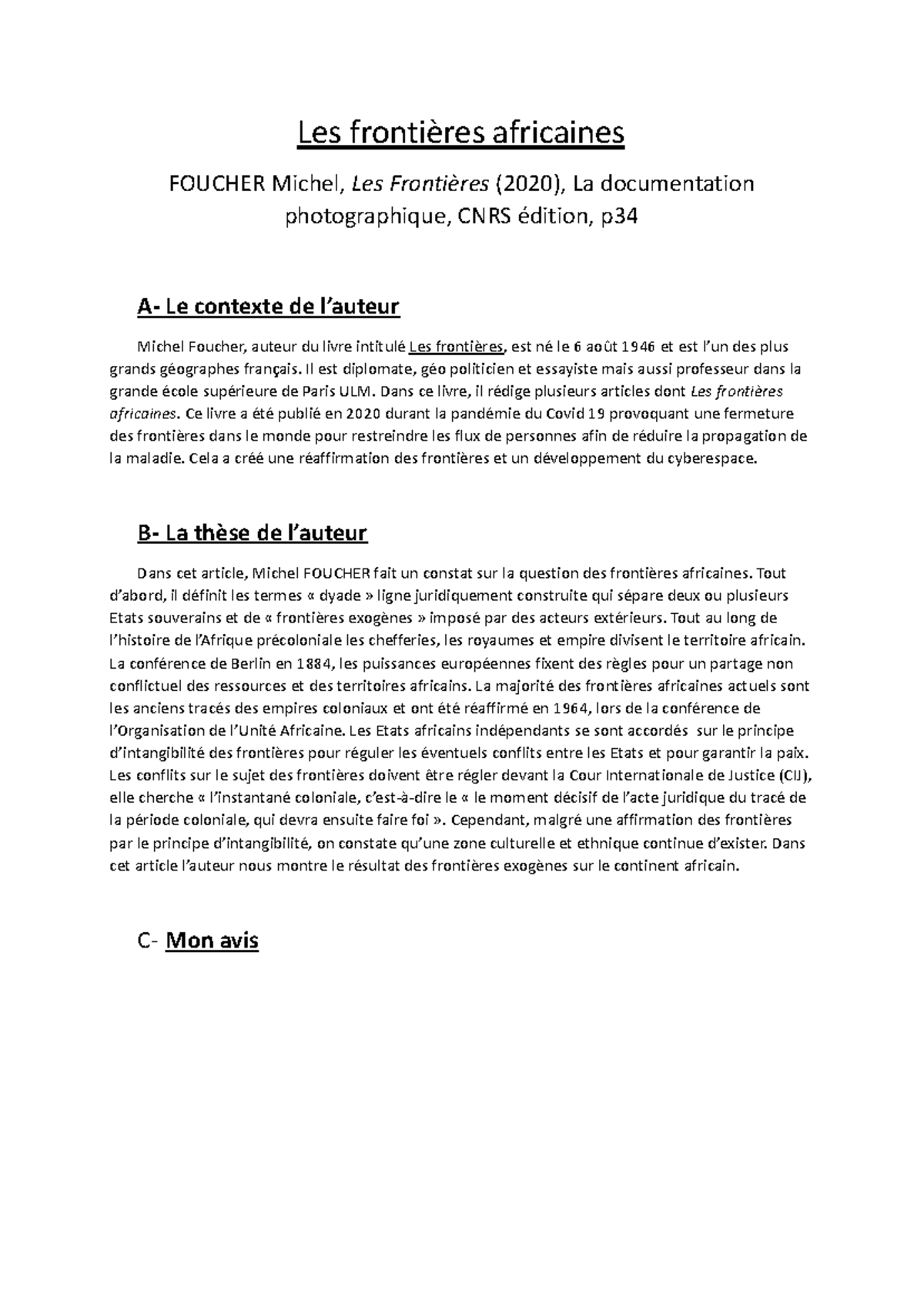 Fiche de lecture Michel Foucher - Les frontières africaines FOUCHER ...