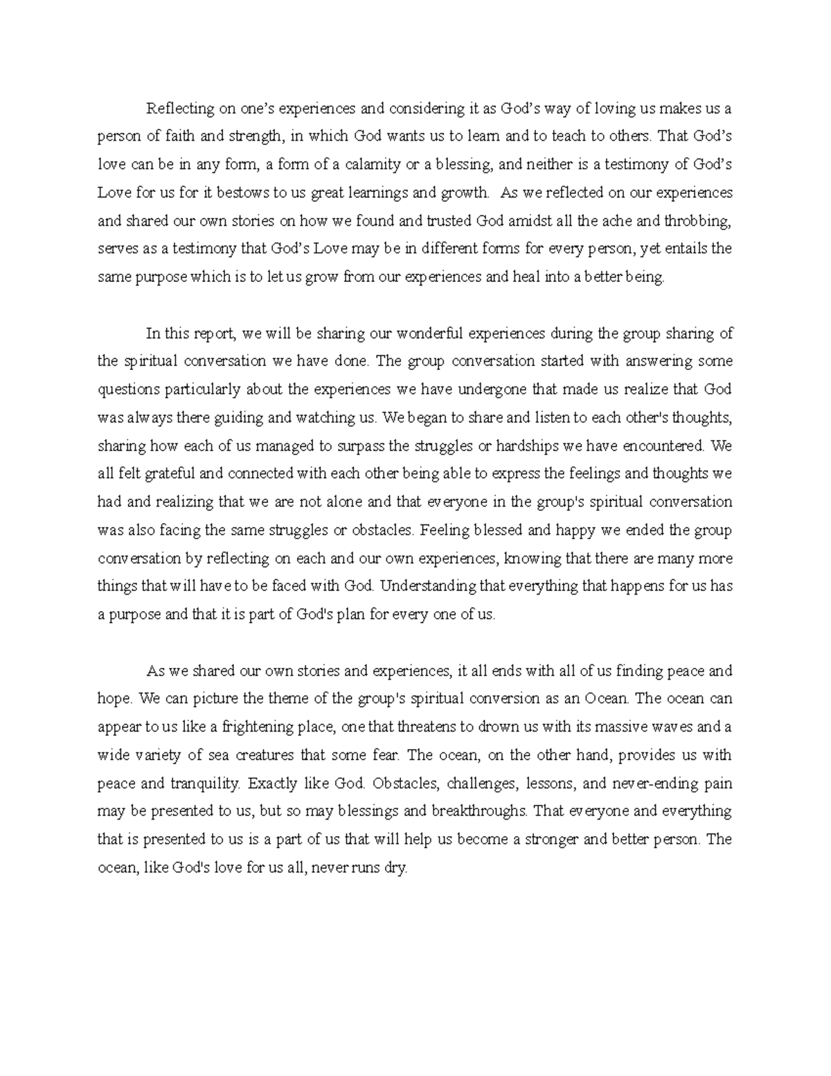 Group Spiritual Conversation Report - Reflecting on one’s experiences ...