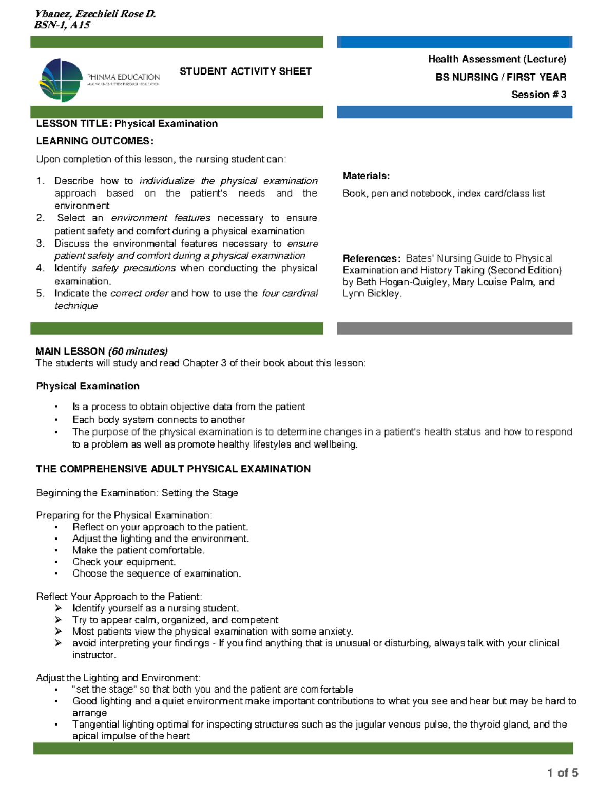 Module 3 - Health Assessment Student Activity Sheet - MAIN LESSON (60 ...