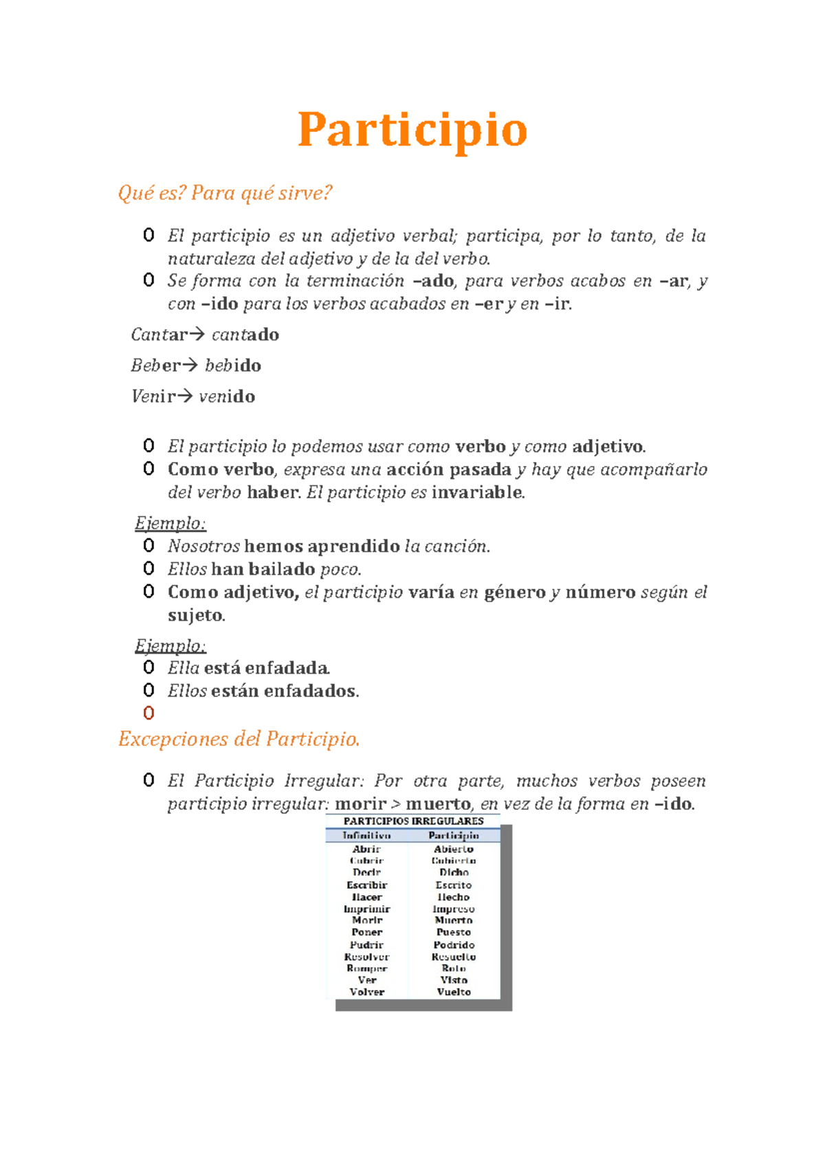 Participio - Apuntes 1 - Participio es? Para sirve? 0 El participio es ...