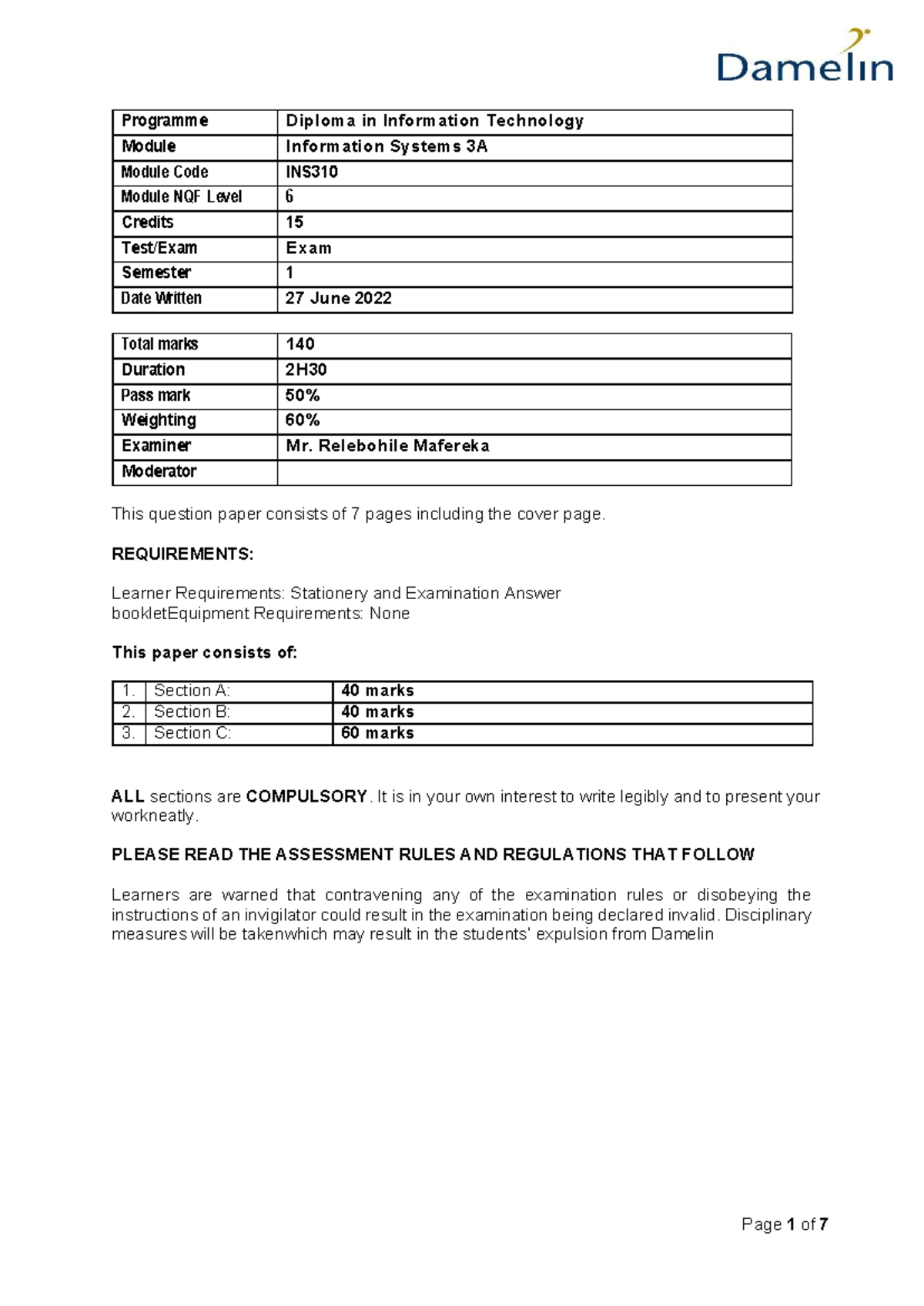 Dip in IT - Information Systems 3A - Programme Diploma in Information ...
