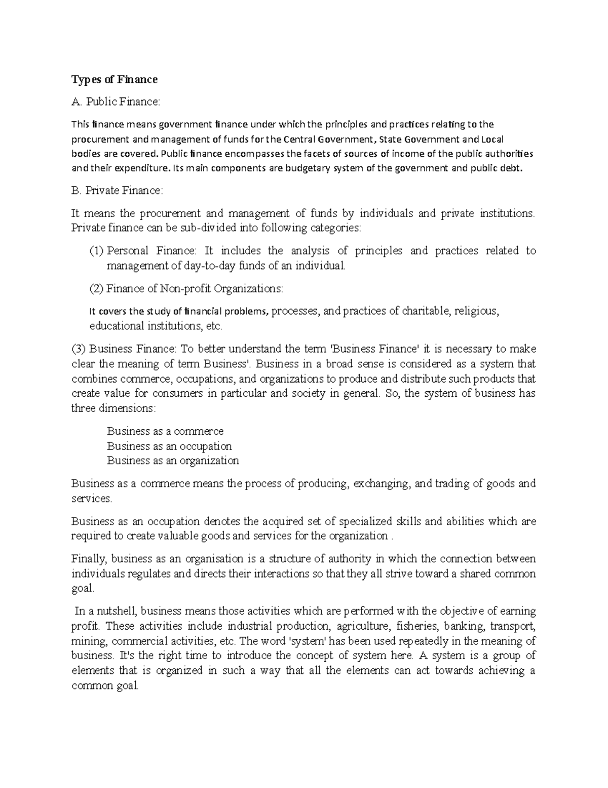 Script-Types of Finance - Types of Finance A. Public Finance: This ...