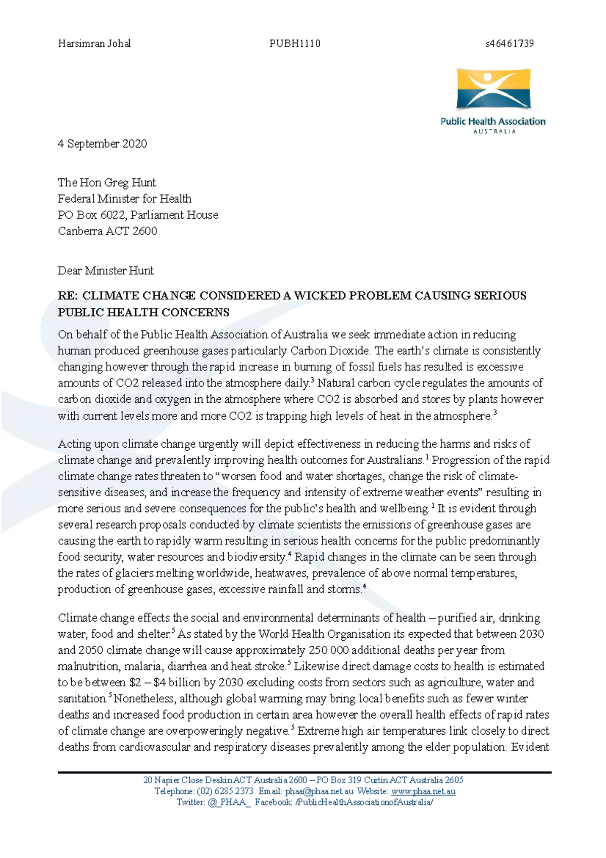 Task 1 Advocacy Letter - Task 1 - 4 September 2020 The Hon Greg Hunt ...