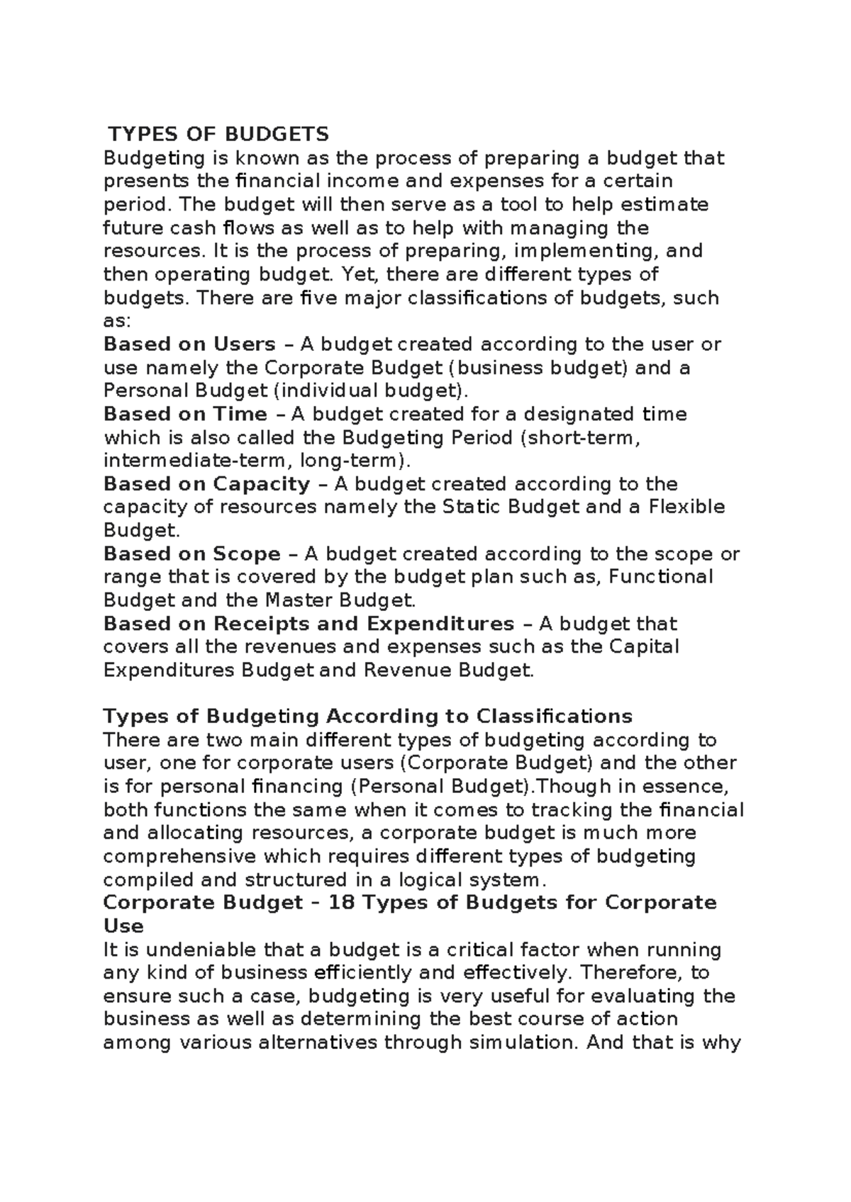 WEEK 11 Types of Budgets - TYPES OF BUDGETS Budgeting is known as the ...