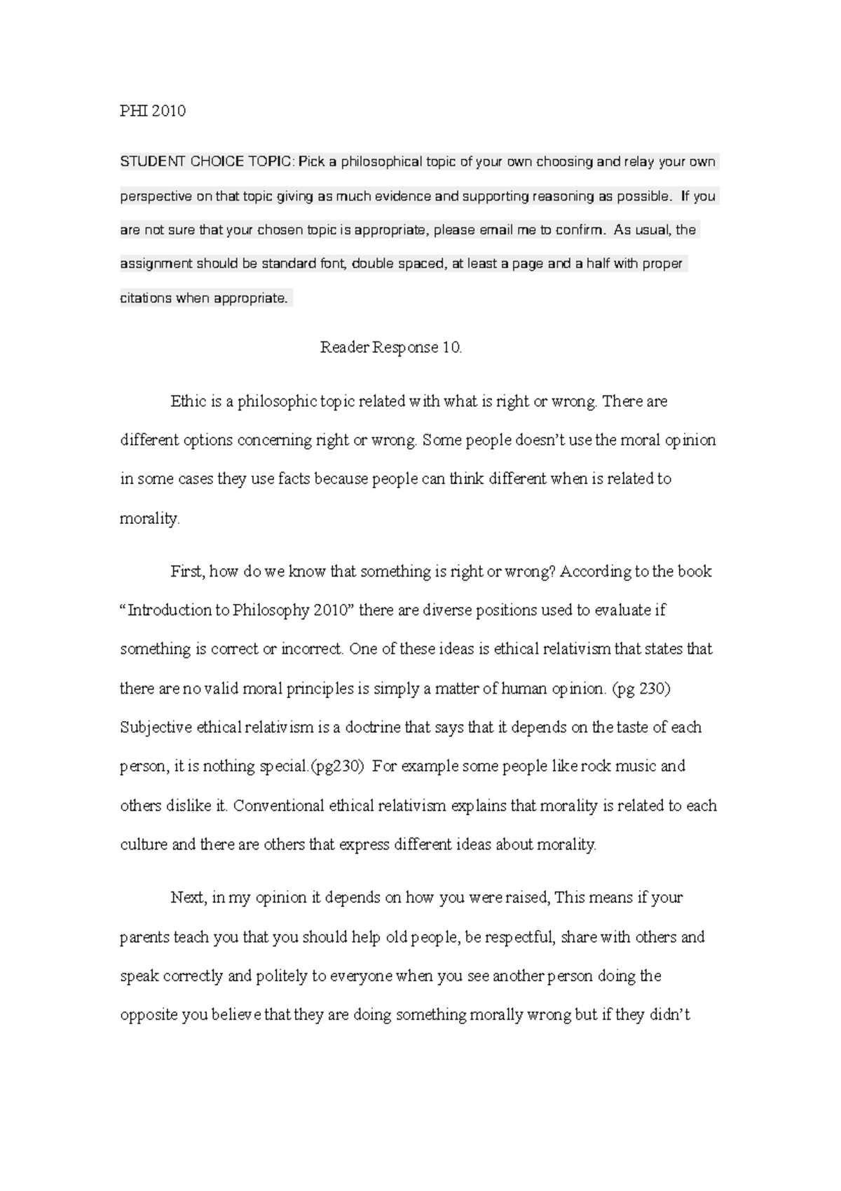 Reader Response 10 - PHI 2010 STUDENT CHOICE TOPIC: Pick a ...