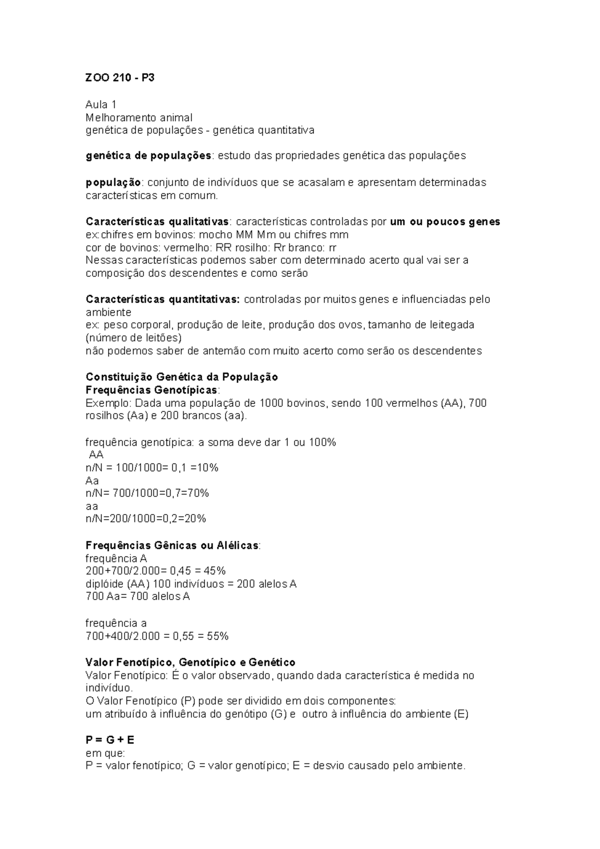 ZOO p3 - vet 107 - ZOO 210 - P Aula 1 Melhoramento animal genética de ...