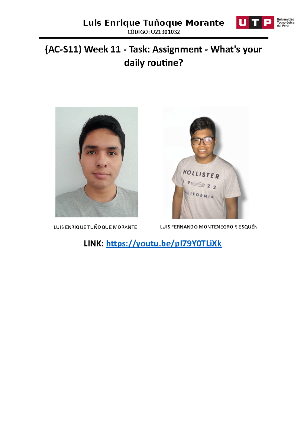 (AC-S11) Week 11 Task Assignment Whats your daily routine - Luis Enrique Tuñoque Morante CÓDIGO ...